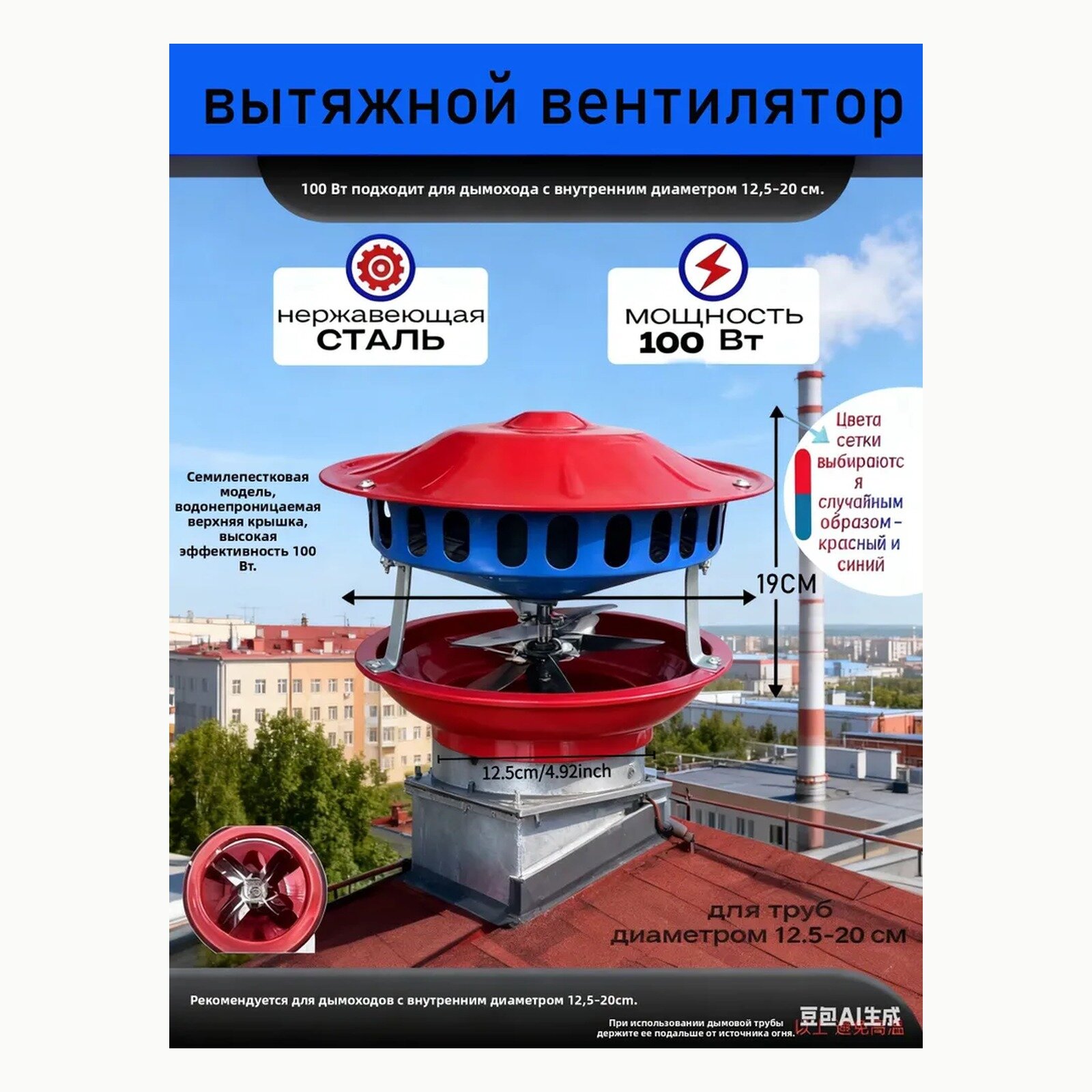 Вытяжной вентилятор для дымохода, 220 В, 100 Вт, диаметром 12.5-20 см, красный/синий