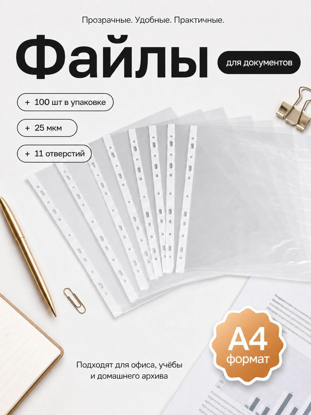 Файлы для документов А4, 100 шт, 25 мкм, 11 отверстий - прозрачные вкладыши для папки-регистратора