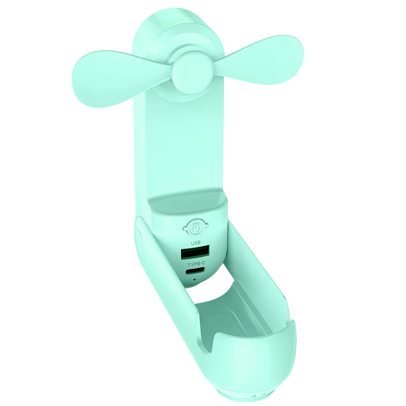 Компактный мини-вентилятор с USB, держателем для телефона, зеркалом и светодиодным фонариком - 5.8x3.9x12.2 см, зеленый