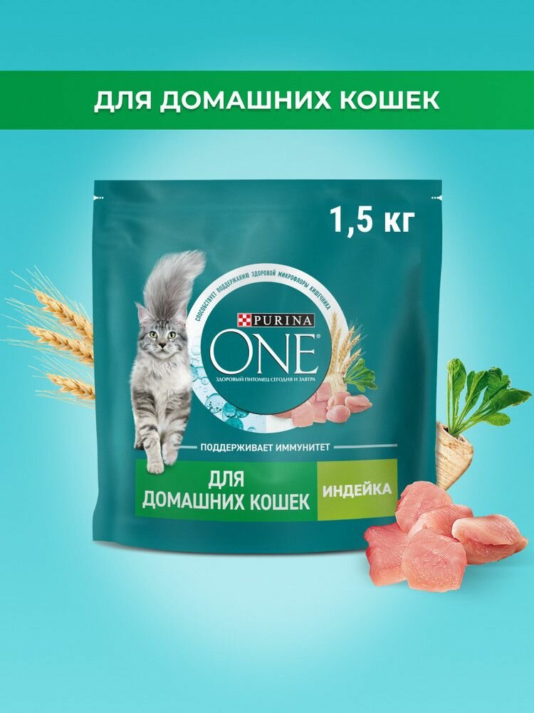Сухой корм для кошек Purina ONE при домашнем образе жизни, с индейкой и цельными злаками, 1,5 кг
