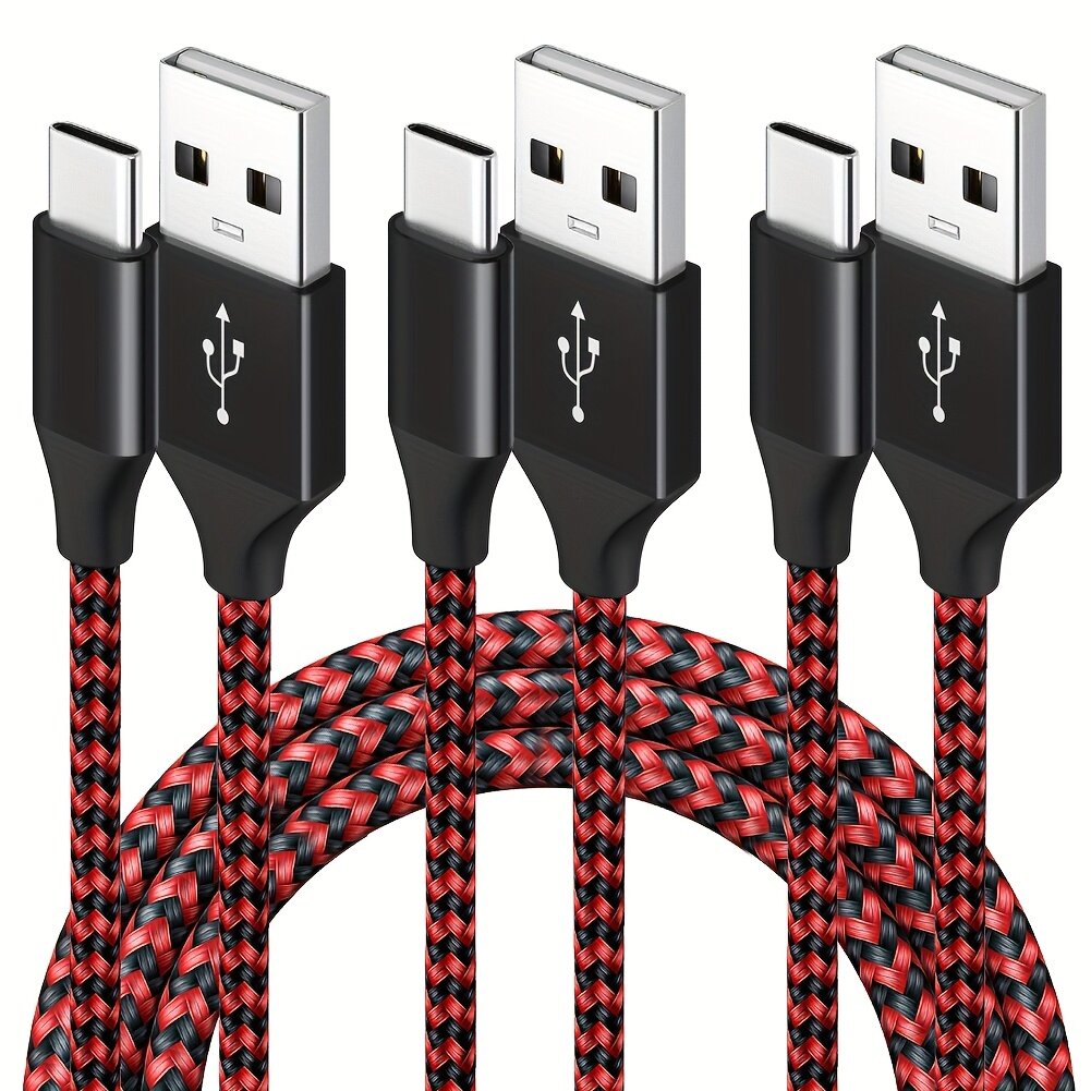 Кабель USB Type-C для быстрой зарядки, 3 шт, 3 м (10 футов), USB-A – USB-C, цвет черный/красный