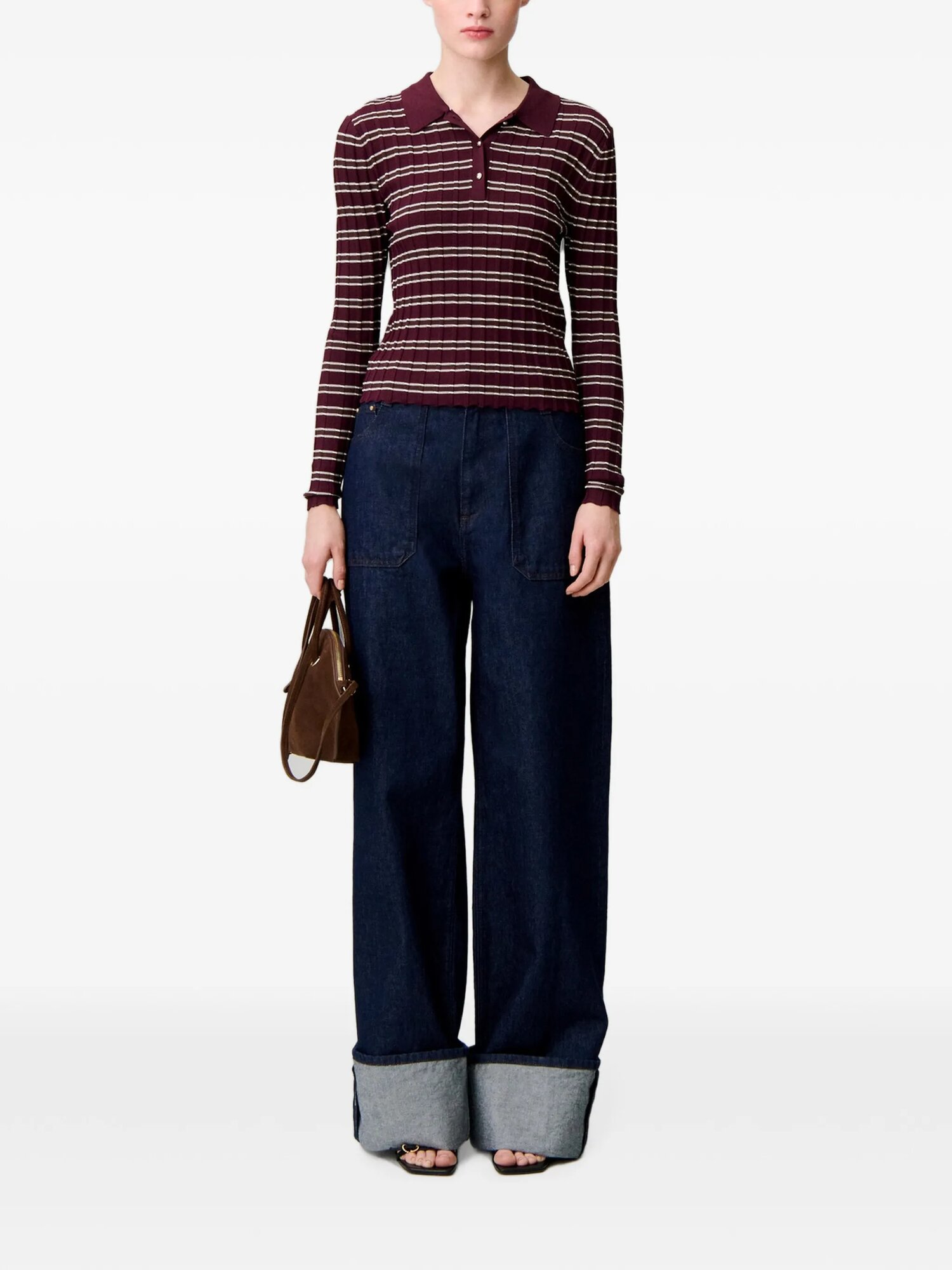 Топ CLAUDIE PIERLOT Striped ribbed-knit polo top, размер 34 — фото 1