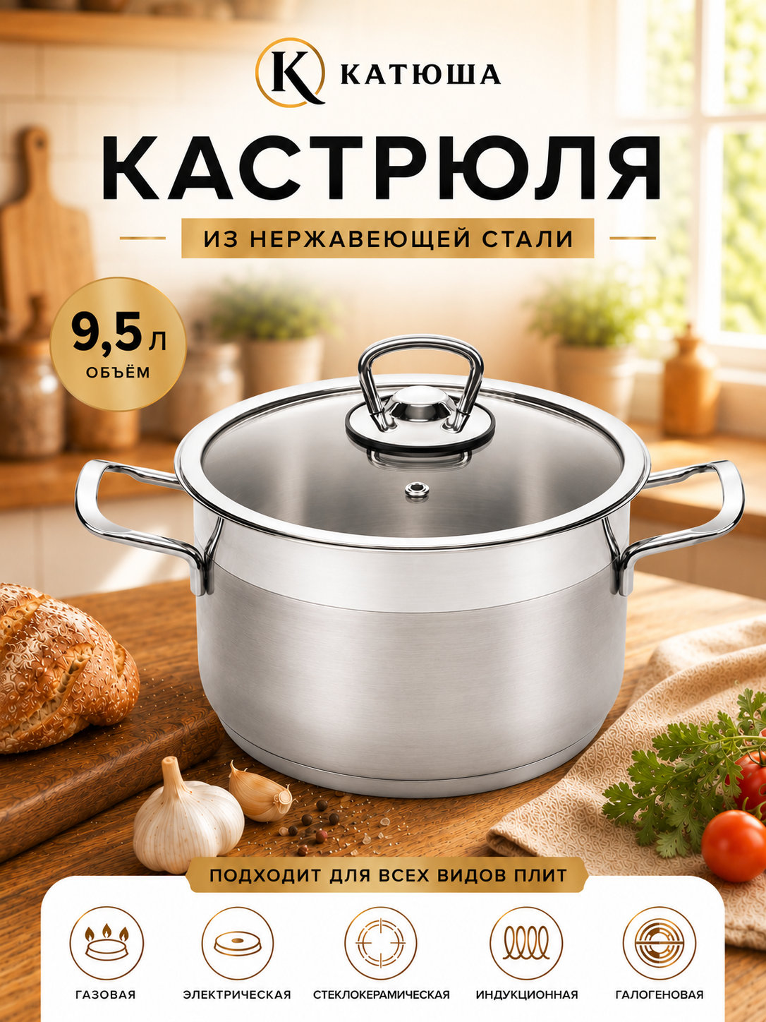 Кастрюля с крышкой, нержавеющая сталь, 26х20 см, 9.5 л, София, катюша