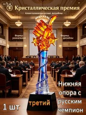Трофей из прозрачного хрусталя - на нижней планке выгравировано слово -третий