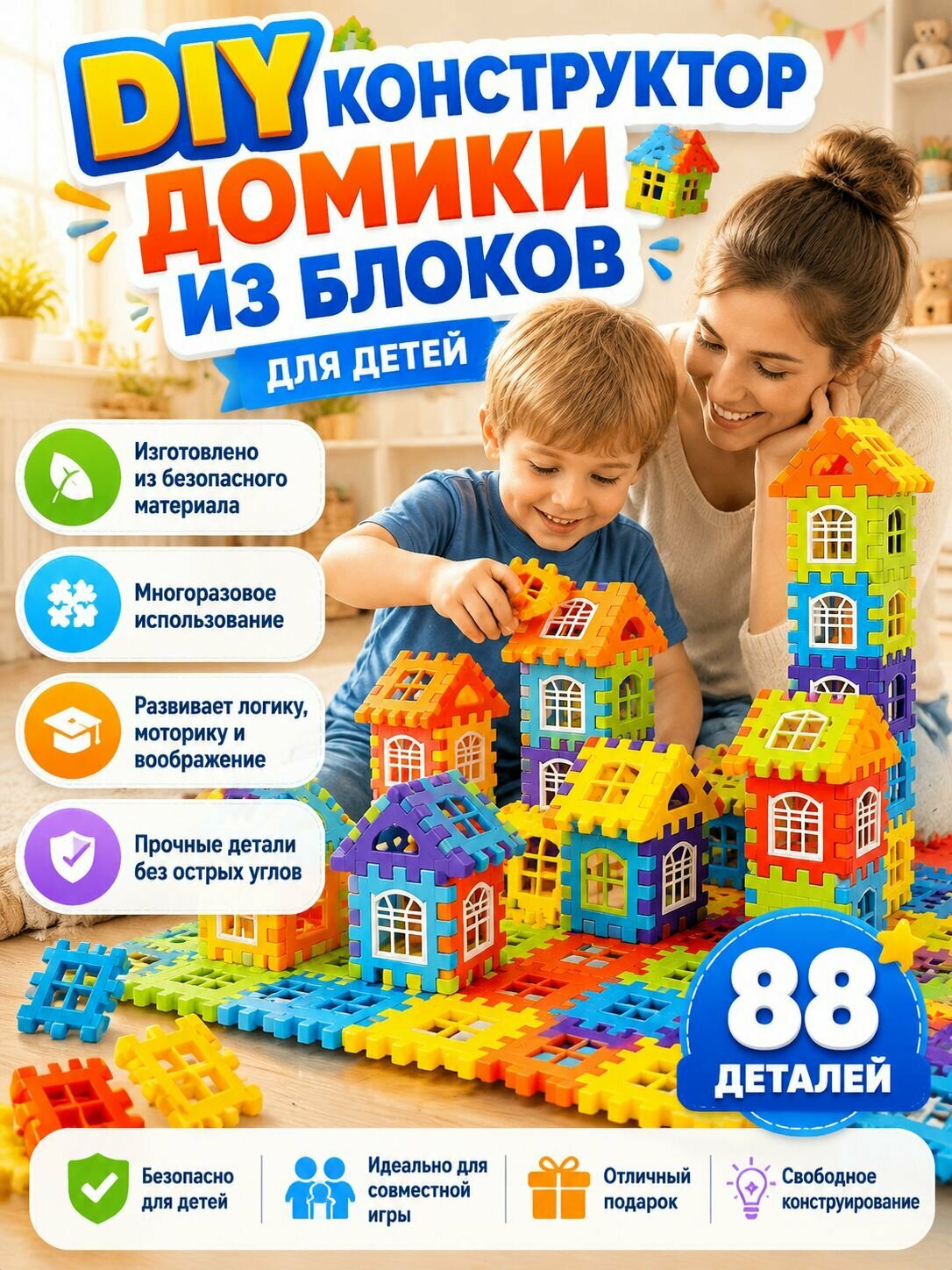 Детский развивающий конструктор 88 деталей, разноцветный, для развития мелкой моторики сборка творчество обучение