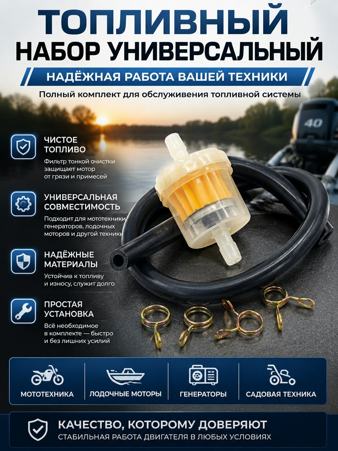Фильтр топливный , бензошланг( топливный шланг) и хомуты комплект для авто запчасти топливная система