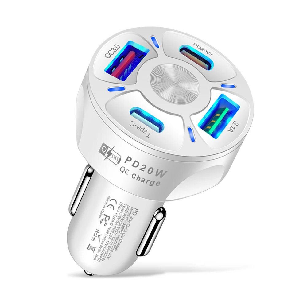 Автомобильное зарядное устройство с 4 USB-портами и поддержкой быстрой зарядки, 20 Вт White