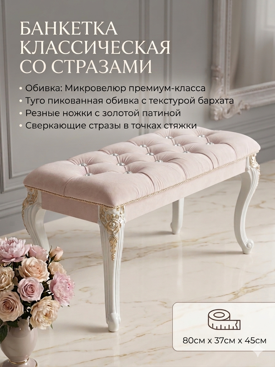 Банкетка MARABEL, с каретной стяжкой, со стразами, микровелюровая обивка, 80x37x45 см