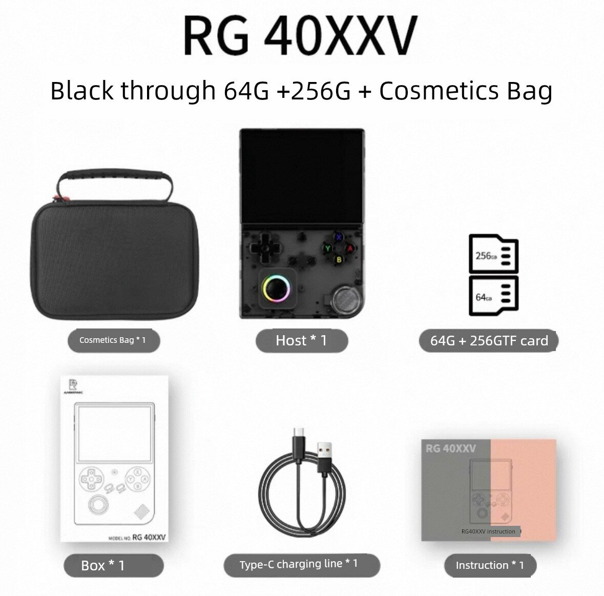 Anbernic RG40XXV Портативная игровая консоль, 64 ГБ + 256 ГБ памяти, 18 000+ игр, черный прозрачный цвет, с кейсом и