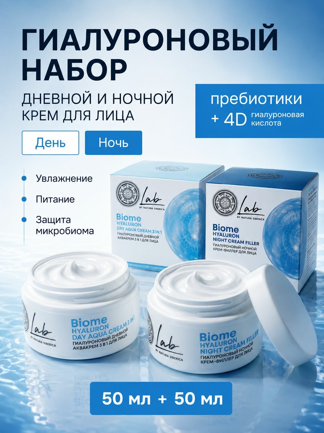 Natura Siberica LAB BIOME Набор гиалуроновых кремов для лица (Дневной крем 3 в 1, 50 мл и Ночной крем-филлер, 50 мл)