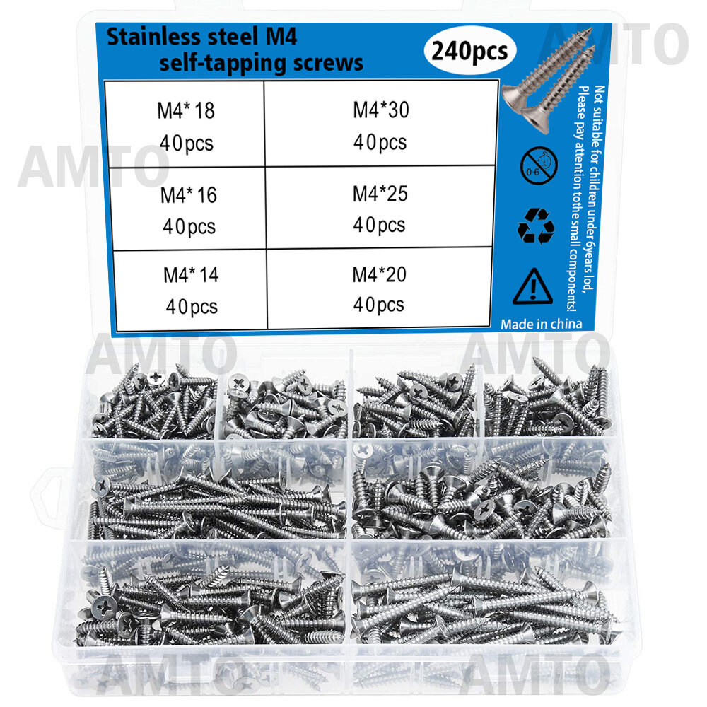Саморезы из нержавеющей стали M4, 240 шт, длины 14, 16, 18, 20, 25, 30 мм
