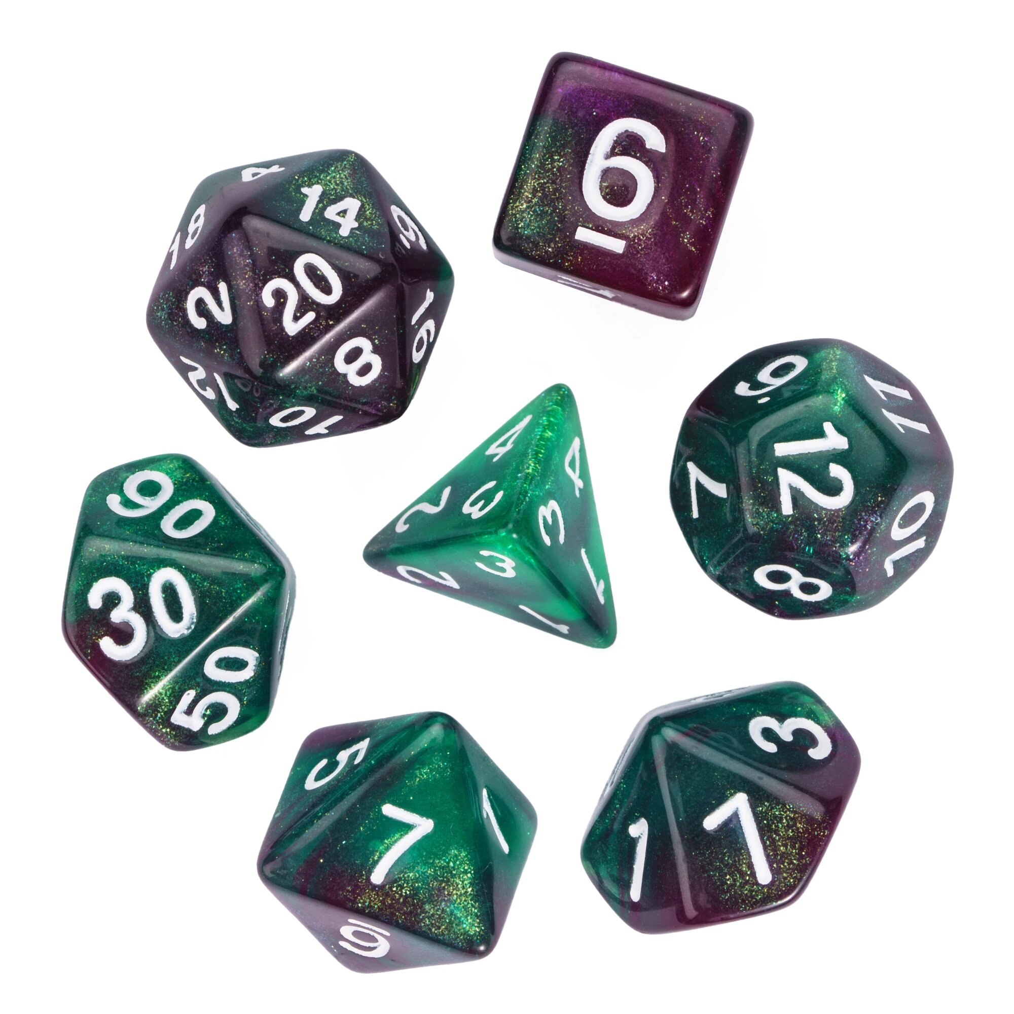 Набор кубиков DND, акрил, 7 шт, двухцветный green purple