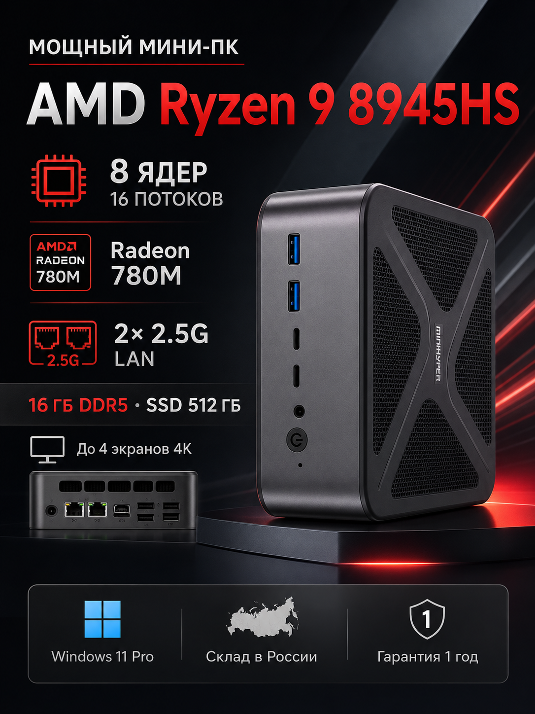 Мини-ПК Ryzen 9 8945HS, Radeon 780M, 16/512 ГБ DDR5, 2×2.5G LAN, Wi-Fi 6, Windows 11 Pro