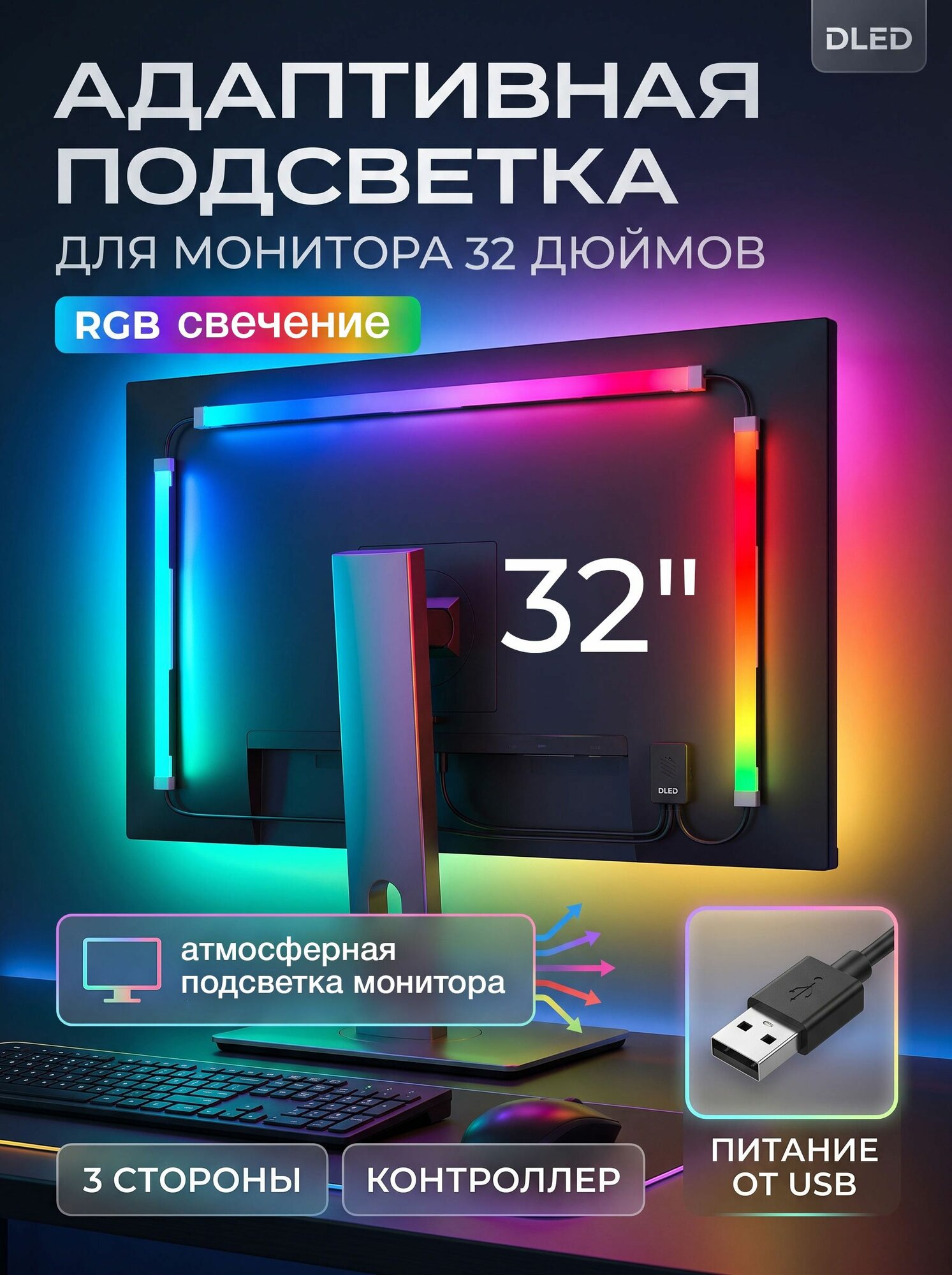 Светодиодная лента для монитора 32" дюйма, RGB разноцветная подсветка, 3 стороны, USB разъем + контроллер от DLED
