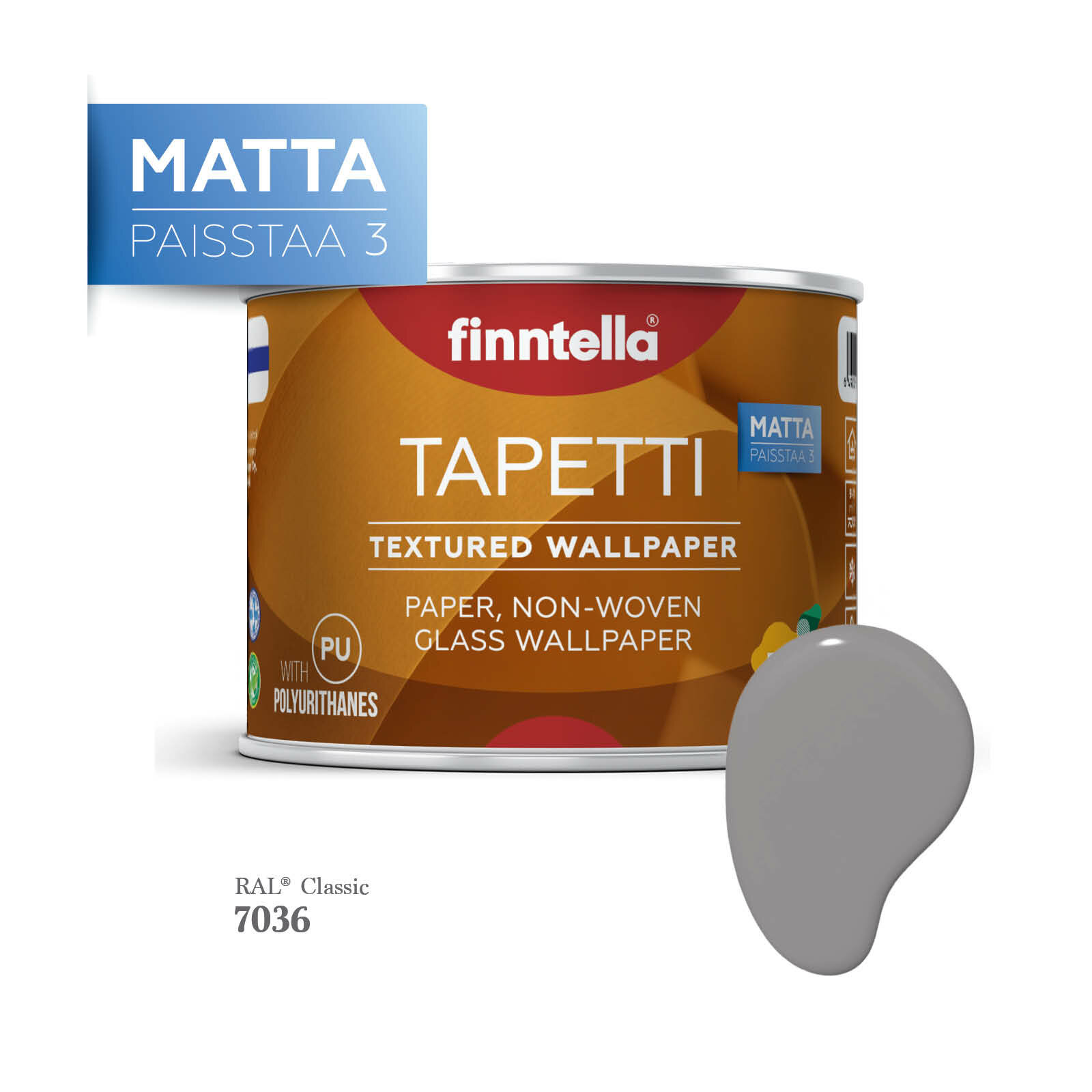 Матовая краска для обоев под окраску TAPETTI Matta FINNTELLA, Цвет RAL 7036 Платиново-серый (Platinum grey), 0,45л