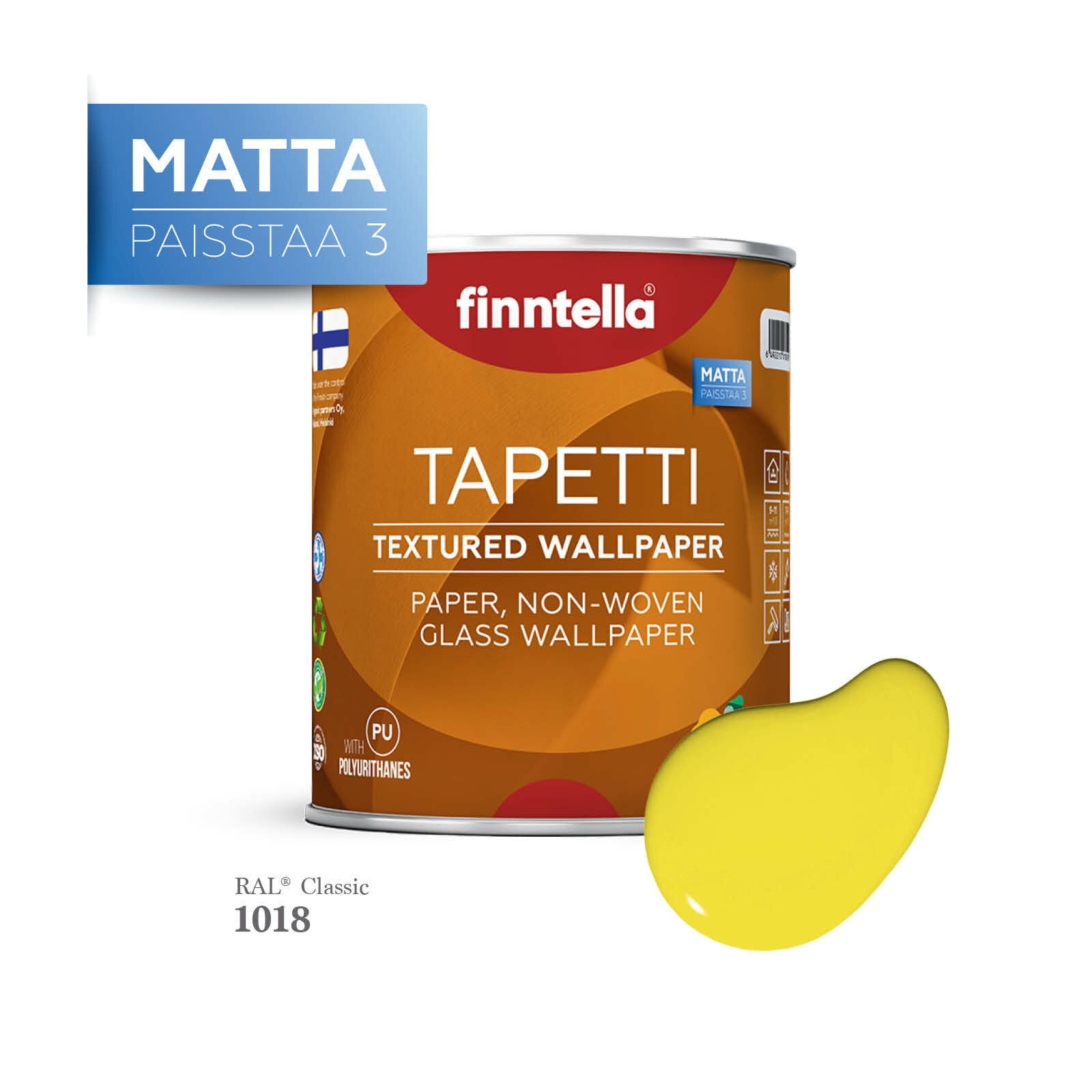 Матовая краска для обоев под окраску TAPETTI Matta FINNTELLA, Цвет RAL 1018 Цинково-желтый (Zinc yellow), 0,9л