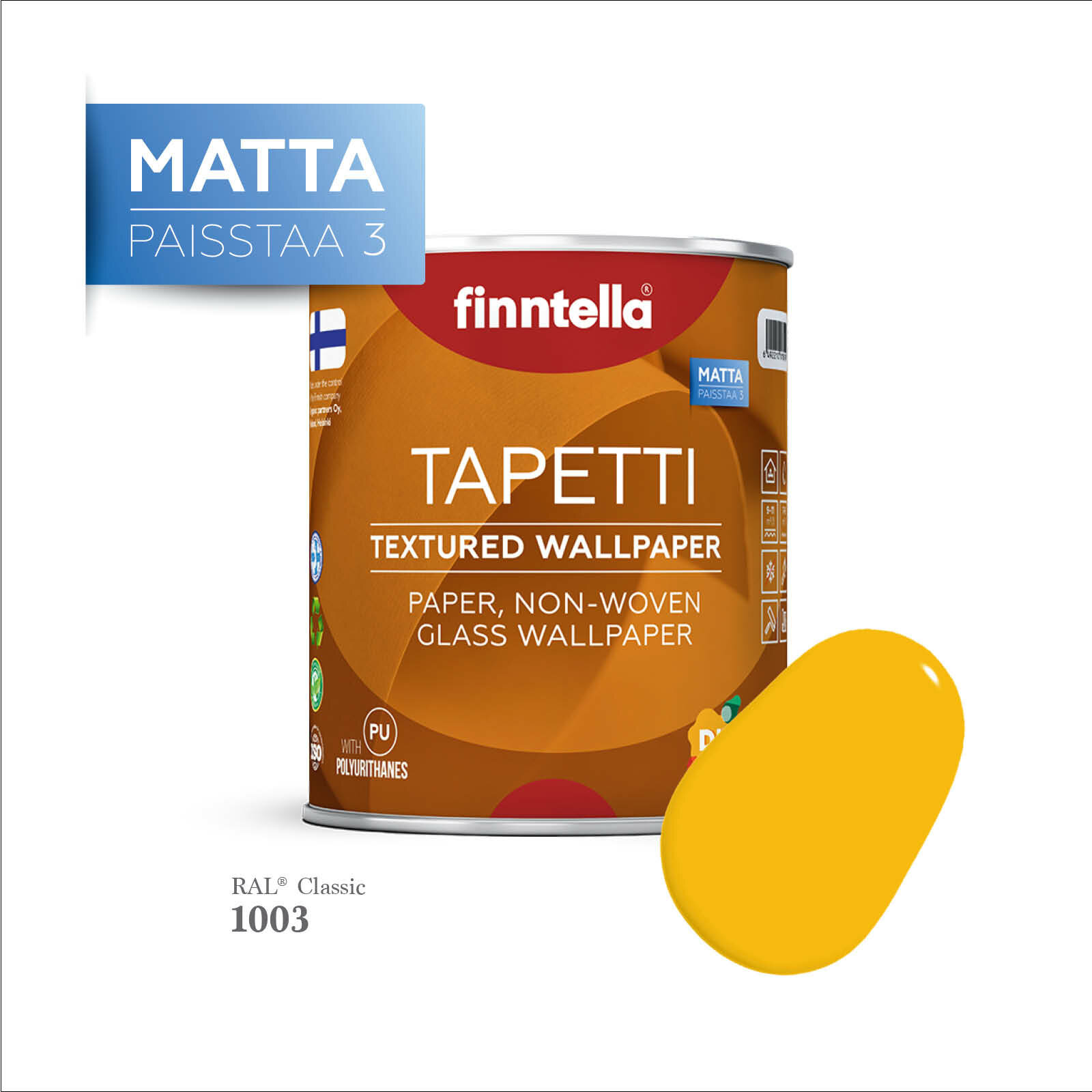 Матовая краска для обоев под окраску TAPETTI Matta FINNTELLA, Цвет RAL 1003 Сигнальный желтый (Signal yellow), 0,9л
