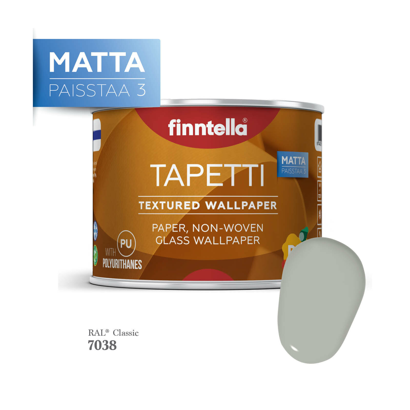 Матовая краска для обоев под окраску TAPETTI Matta FINNTELLA, Цвет RAL 7038 Агатовый серый (Agate grey), 0,45л