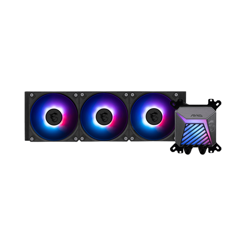 Система жидкостного охлаждения/ Water Cooling System MSI MAG CORELIQUID A15 360 (300W, 360mm, Black, ARGB/ Fans: 3x120mm, 64.89CFM, 28.7dBA, 2050RPM/ Pump 20dBA, 3400RPM, Rad thickness 27mm/ S: 1851, 1700, AM5, AM4) 306-7ZW9A11-L80