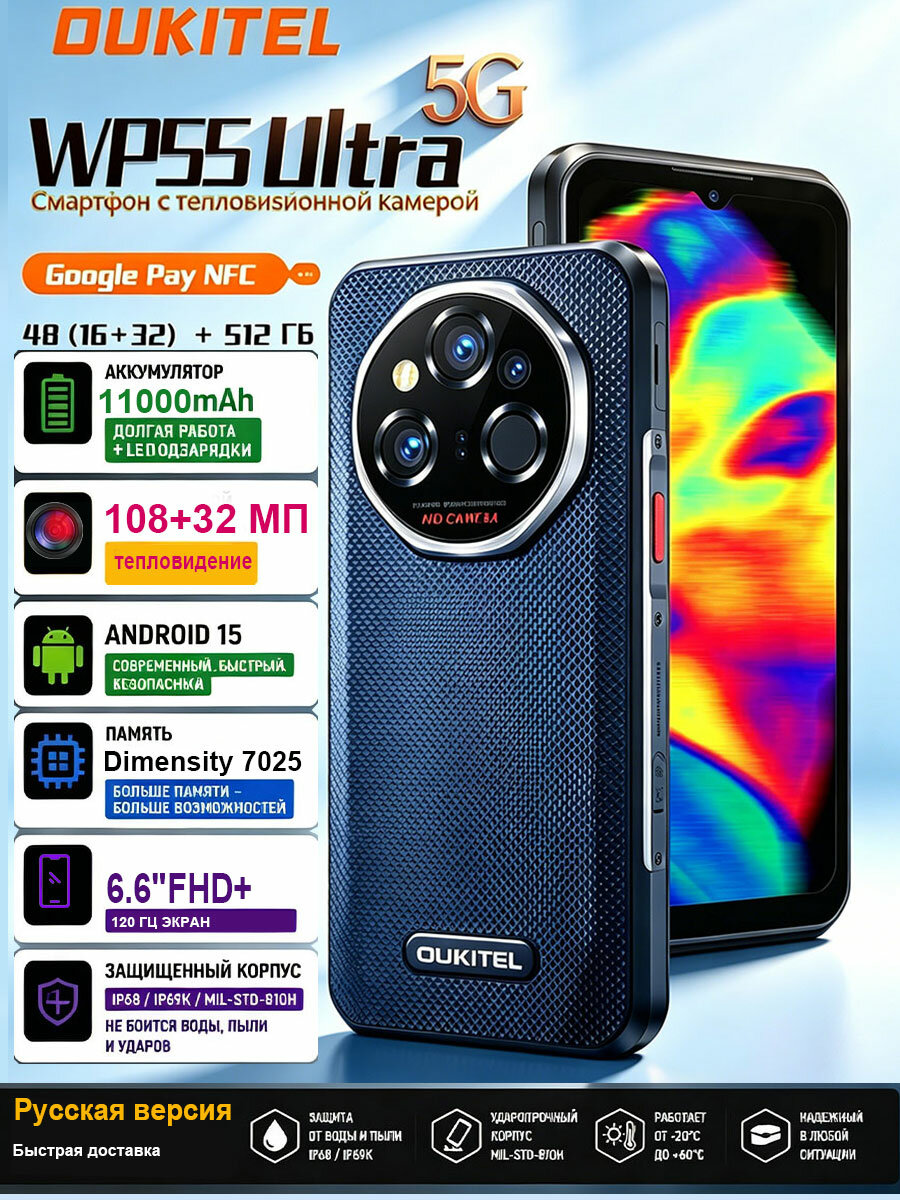 Смартфон OUKITEL WP55 Ultra тепловидение 48ГБ (16+32)+512 ГБ, серый