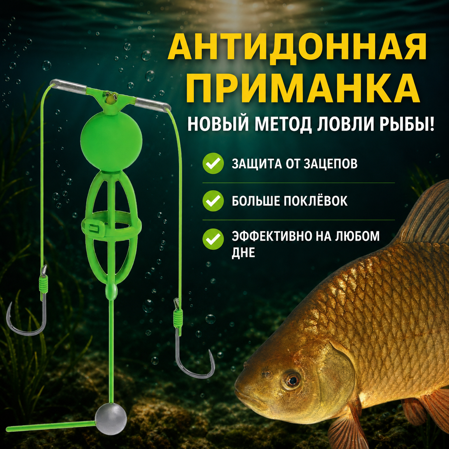 Антидонная приманка для рыбы. Донная снасть с защитой от зацепов, больше поклёвок. Кормушка фидерная, приманка для карася, эффективная на любом дне (Цвет товара: зеленый)