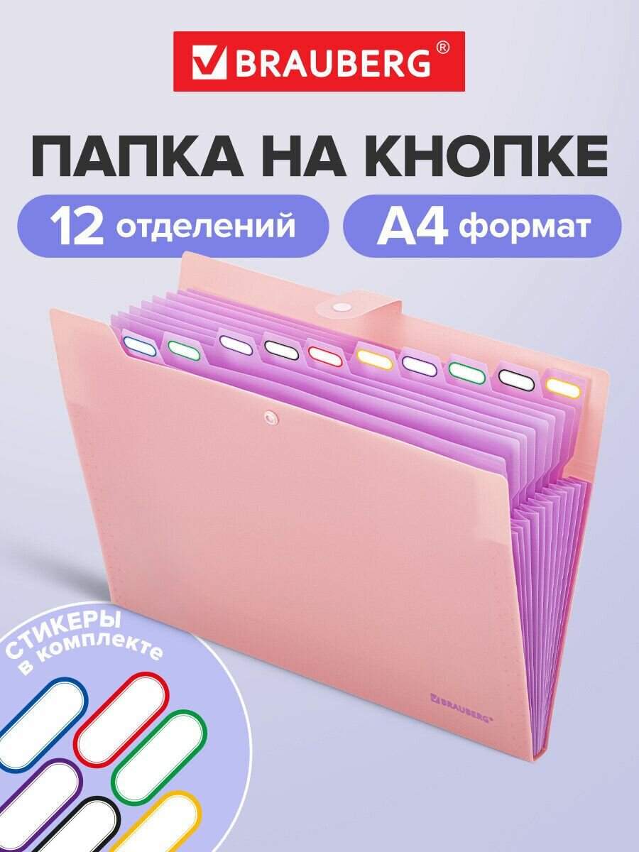Папка для документов А4 канцелярская с файлами, органайзер для бумаг на кнопке 12 отделений в школу, персиковая с лавандовым, Brauberg "Extra школьная папка с кнопкой файловая папка папка-органайзер