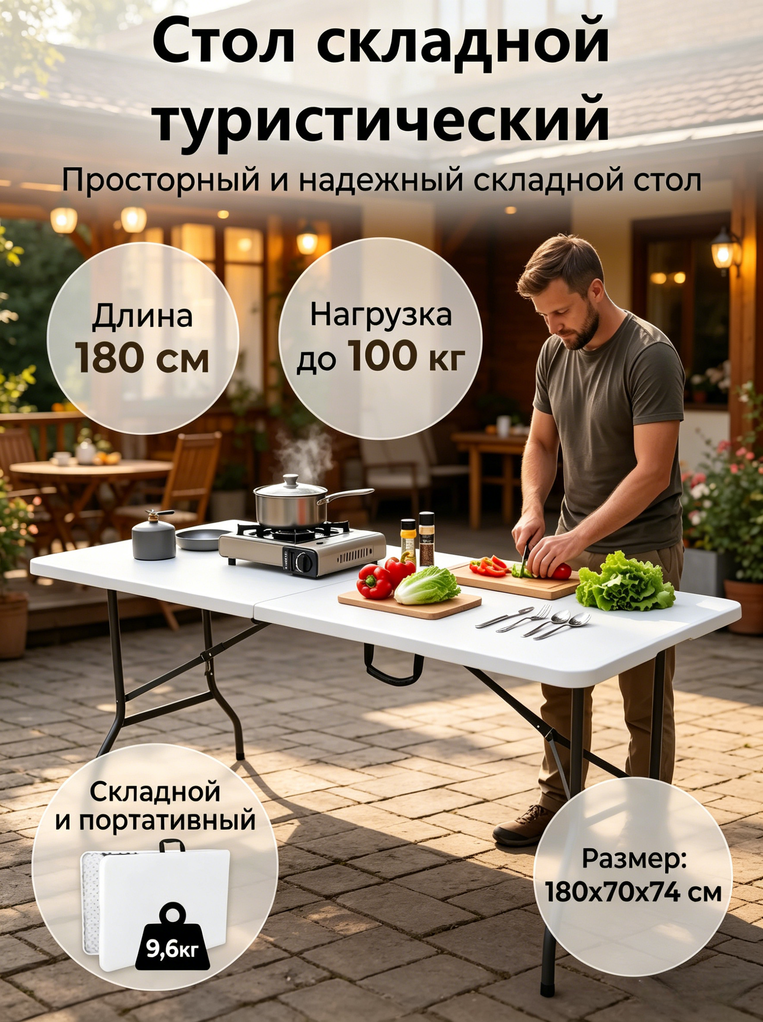 Стол туристический, складной, 180 см x 70 см x 74 см, до 100 кг