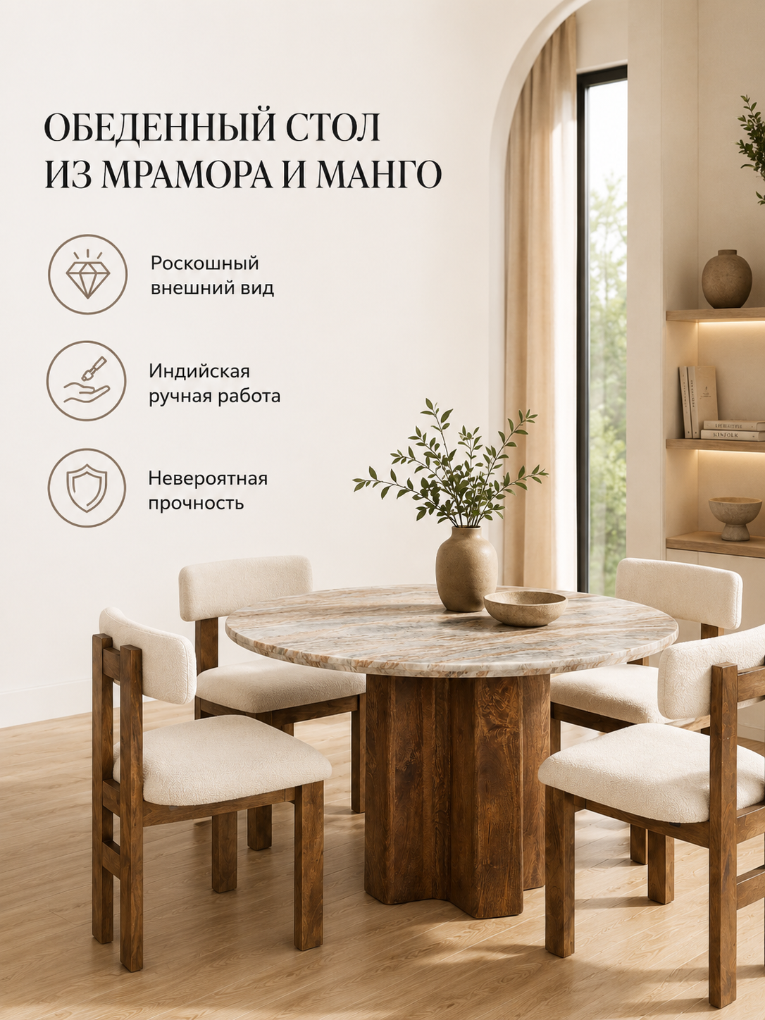 Стол кухонный круглый из массива дерева и мрамора, стол обеденный на кухню, дерево манго и мрамор