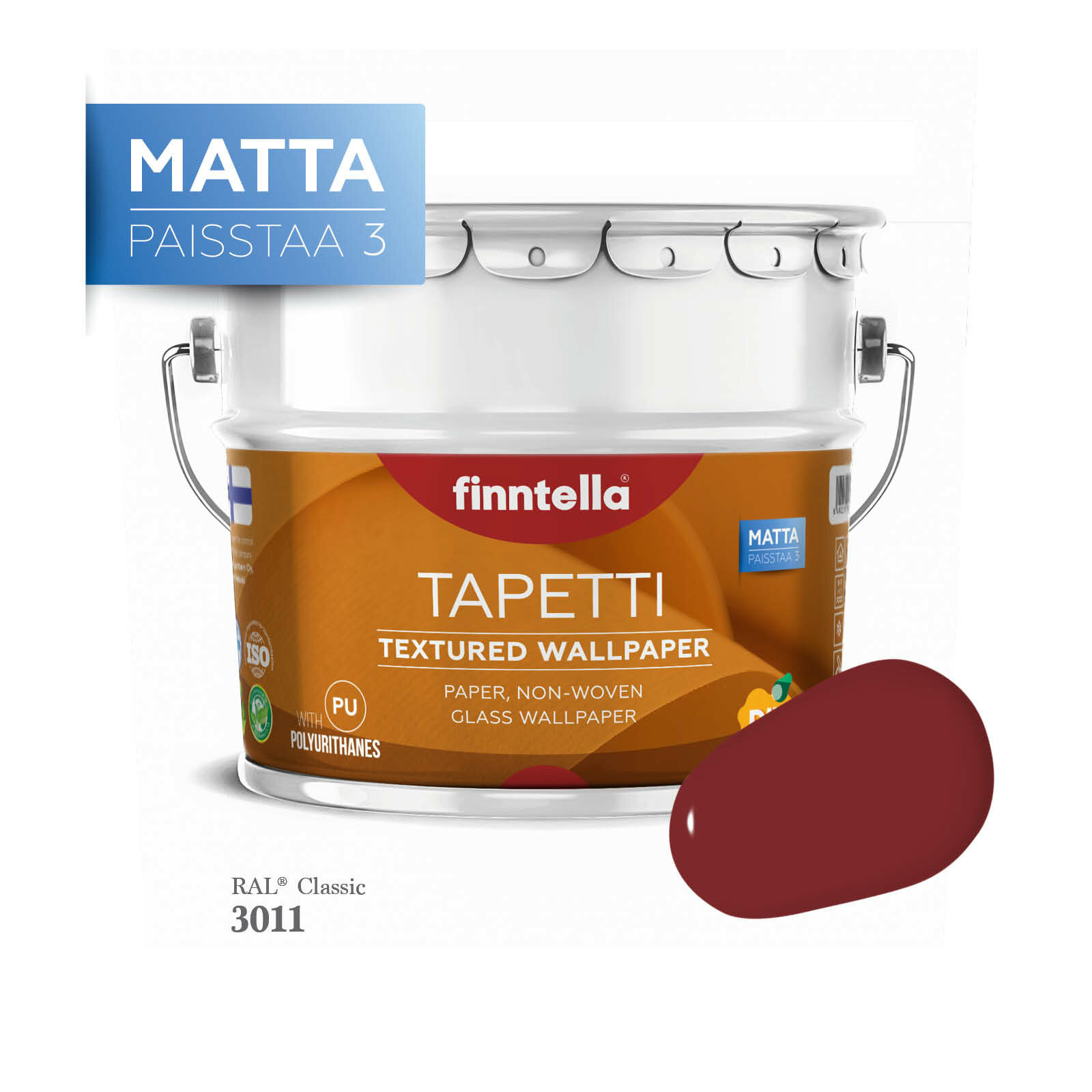 Матовая краска для обоев под окраску TAPETTI Matta FINNTELLA, Цвет RAL 3011 Коричнево-красный (Brown red), 9л