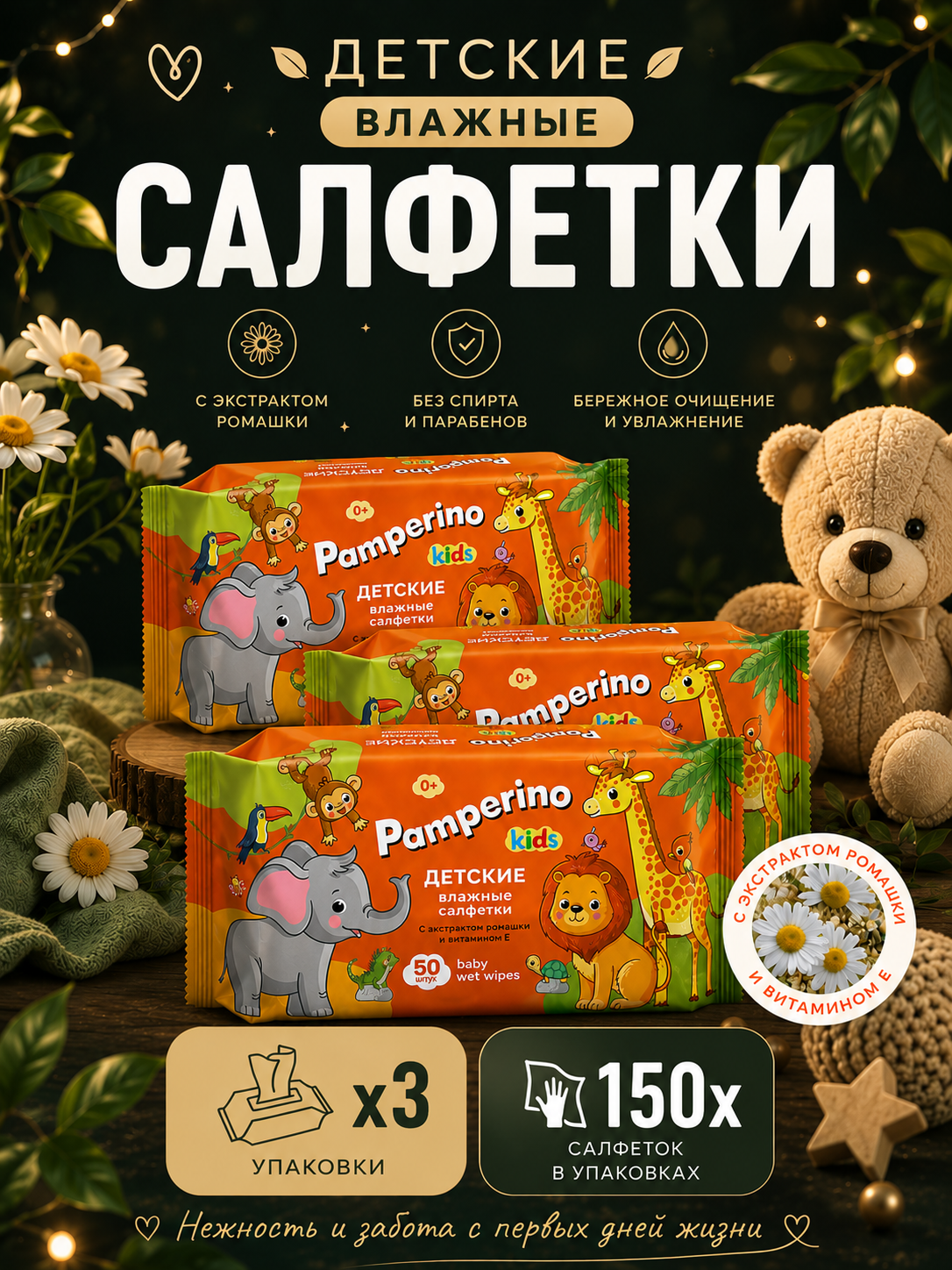 Pamperino N50 Kids Влажные Детские Салфетки с Ромашкой и Витамином Е 150шт