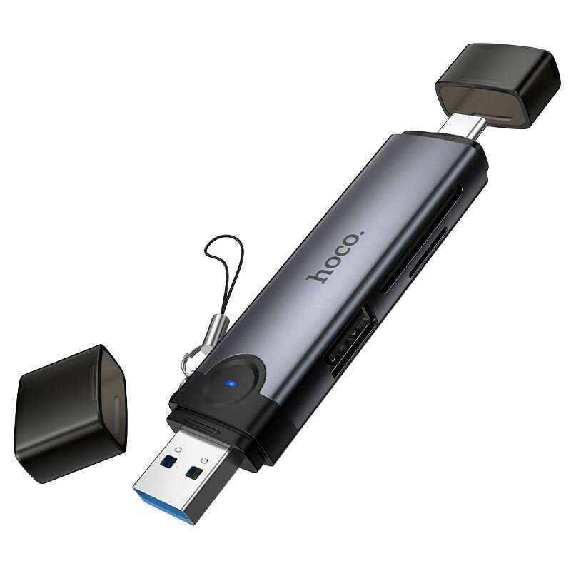 Картридер Hoco HB56 Victory 2-in-3 OTG, Type-C/USB-A to USB2.0/SD/TF, 480 Mbps/5 Gbps, Алюминий, Metal Grey