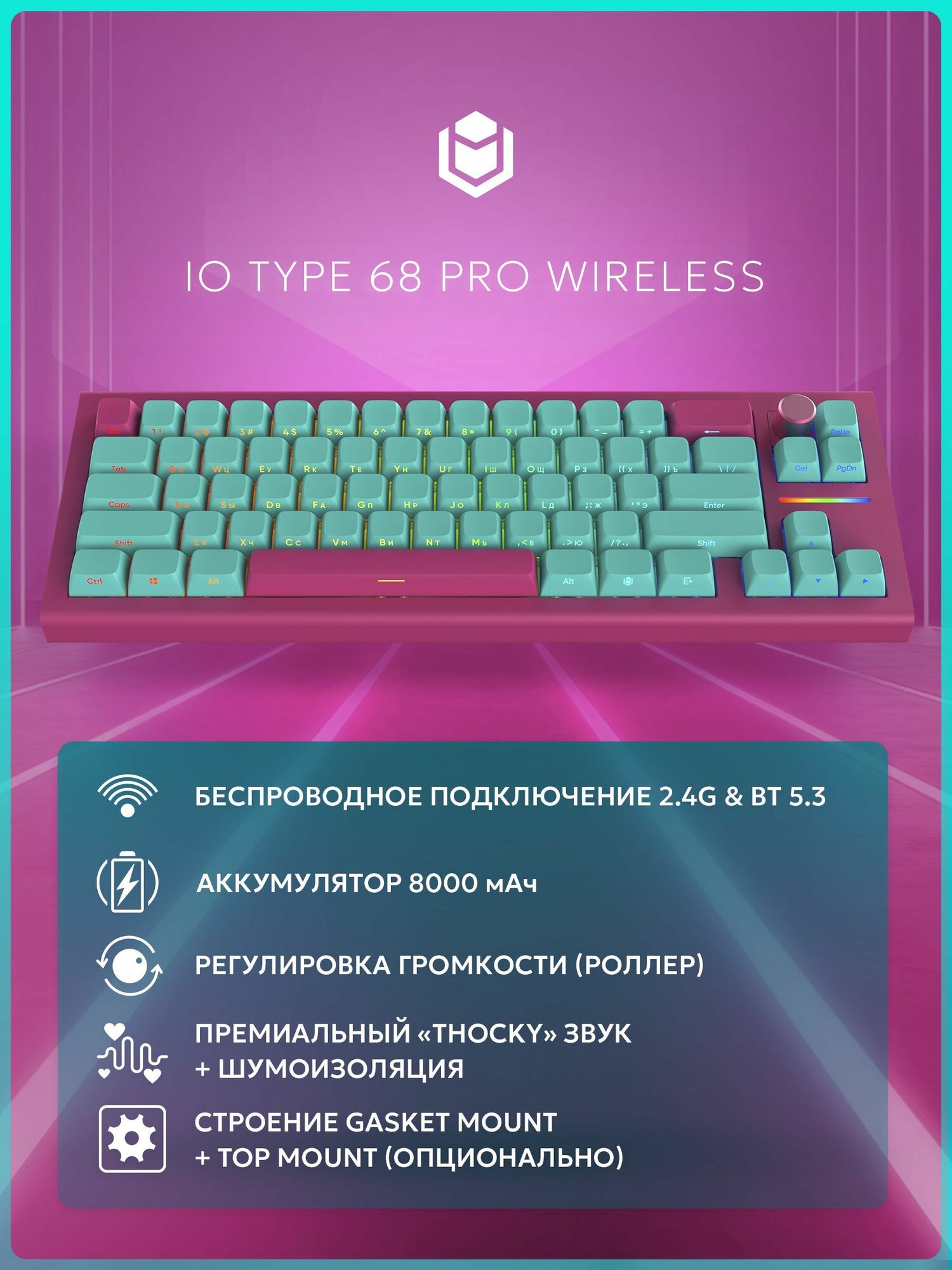 IO by Red Square Type 68 Pro Ice Cream Sapphire Беспроводная механическая игровая клавиатура, русская раскладка, розово-бирюзовая