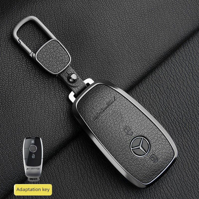 Чехол для ключей Mercedes AMG из французской козьей кожи, цвет темный, 2 кнопки, стиль с квадратной застежкой