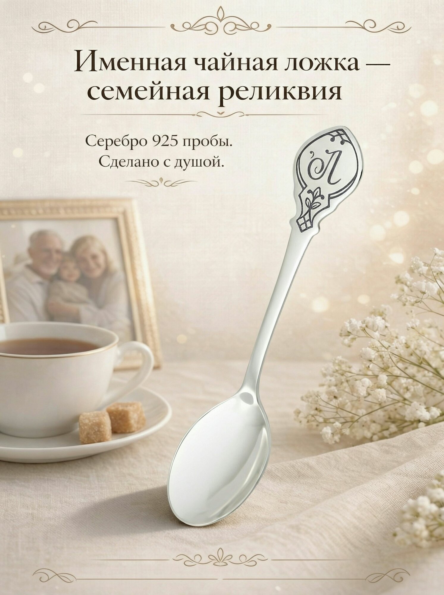 Серебряная именная чайная ложка с буквой "Л" в подарочном конверте, серебро 925 пробы