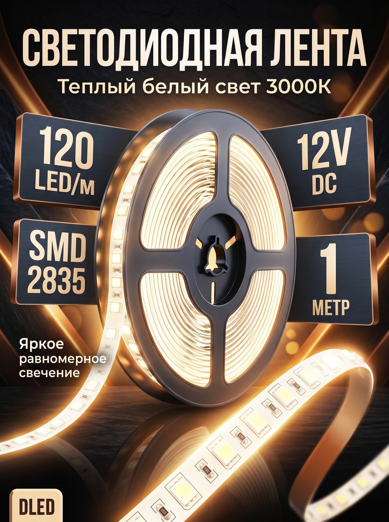 Теплая белая светодиодная лента 120 LED/M питание 12V DC 9.6W светодиоды SMD 2835 3200К DLED (без блока) -1 метр