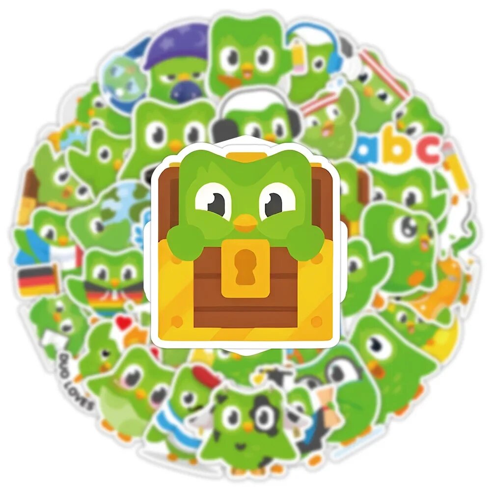 50 шт. наклейки Duolingo, обучающее программное обеспечение, зеленая птица, мультяшные наклейки, сделай сам, ноутбук, телефон.