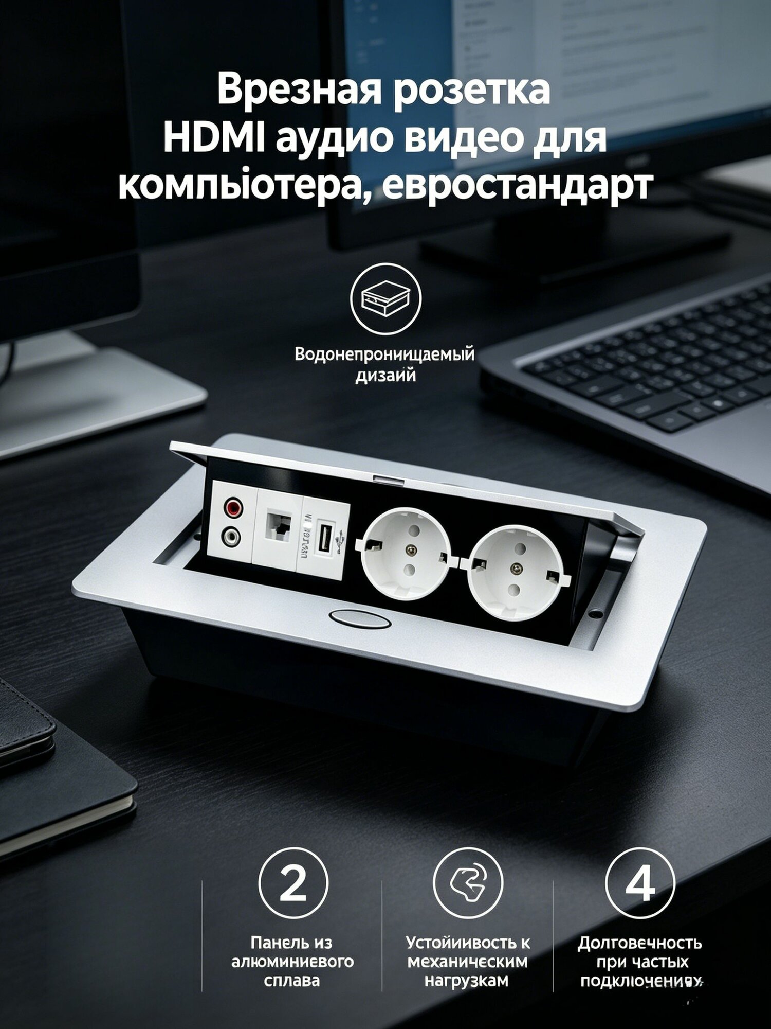 Встраиваемая столешничная розетка с портами HDMI, аудио, видео, серебристая