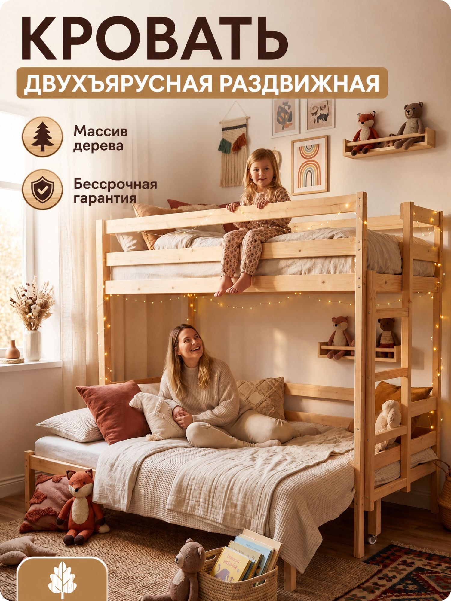 Кровать двухъярусная трансформер из массива сосны, с выкатным спальным местом (200х90/200х140), деревянная семейная детская кровать