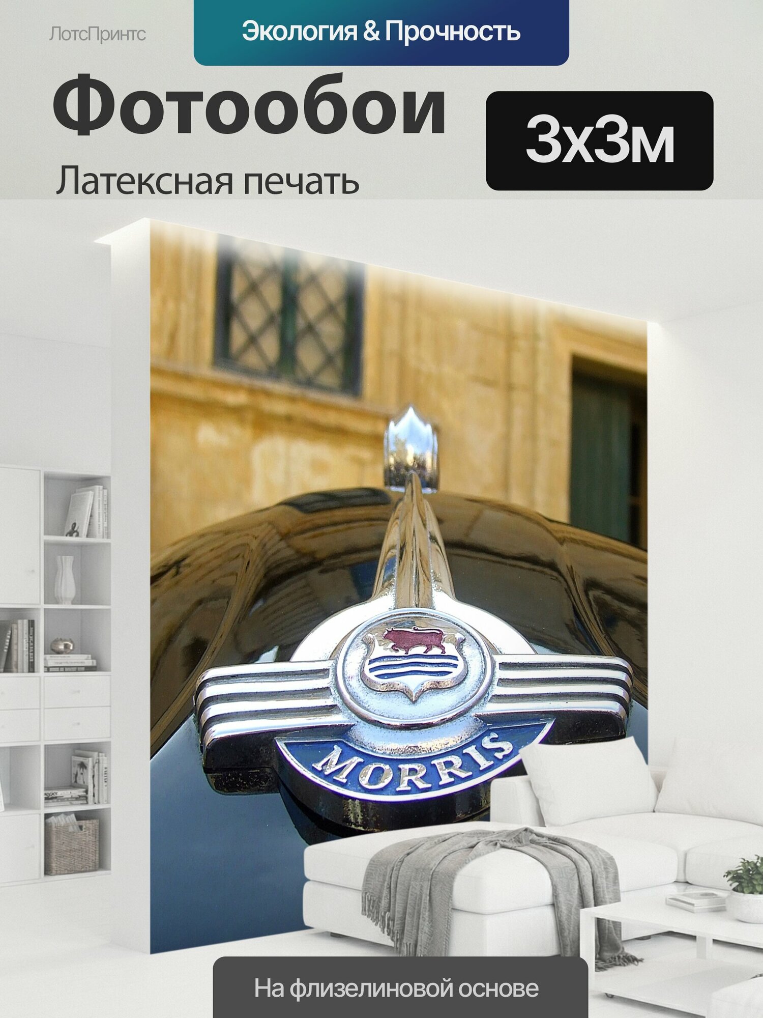 Фотообои моющиеся ударопрочные "Моррис Малой 1000 Капот / капот и значок на винтаж Моррис Малой 1000 Моррис несовершеннолетним Моррис автомобиль." 300x300 см. латексная печать