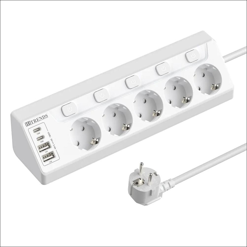 Удлинитель с 5 розетками и 2 USB + 2 Type-C, индивидуальные выключатели, защита от перегрузки, 4000W 16A 250V, огнестойкий и пылезащитный