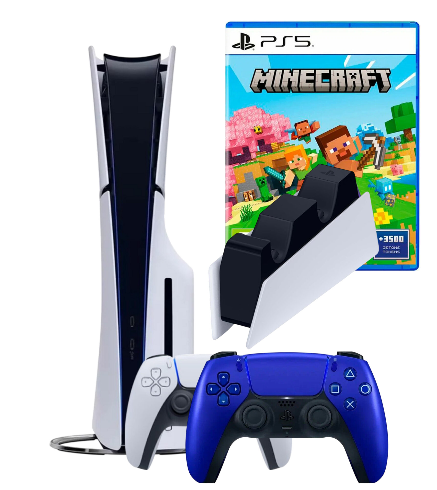Игровая приставка Sony PS5 Slim + 2й геймпад синий кобальт + игра Minecraft + станция зарядки
