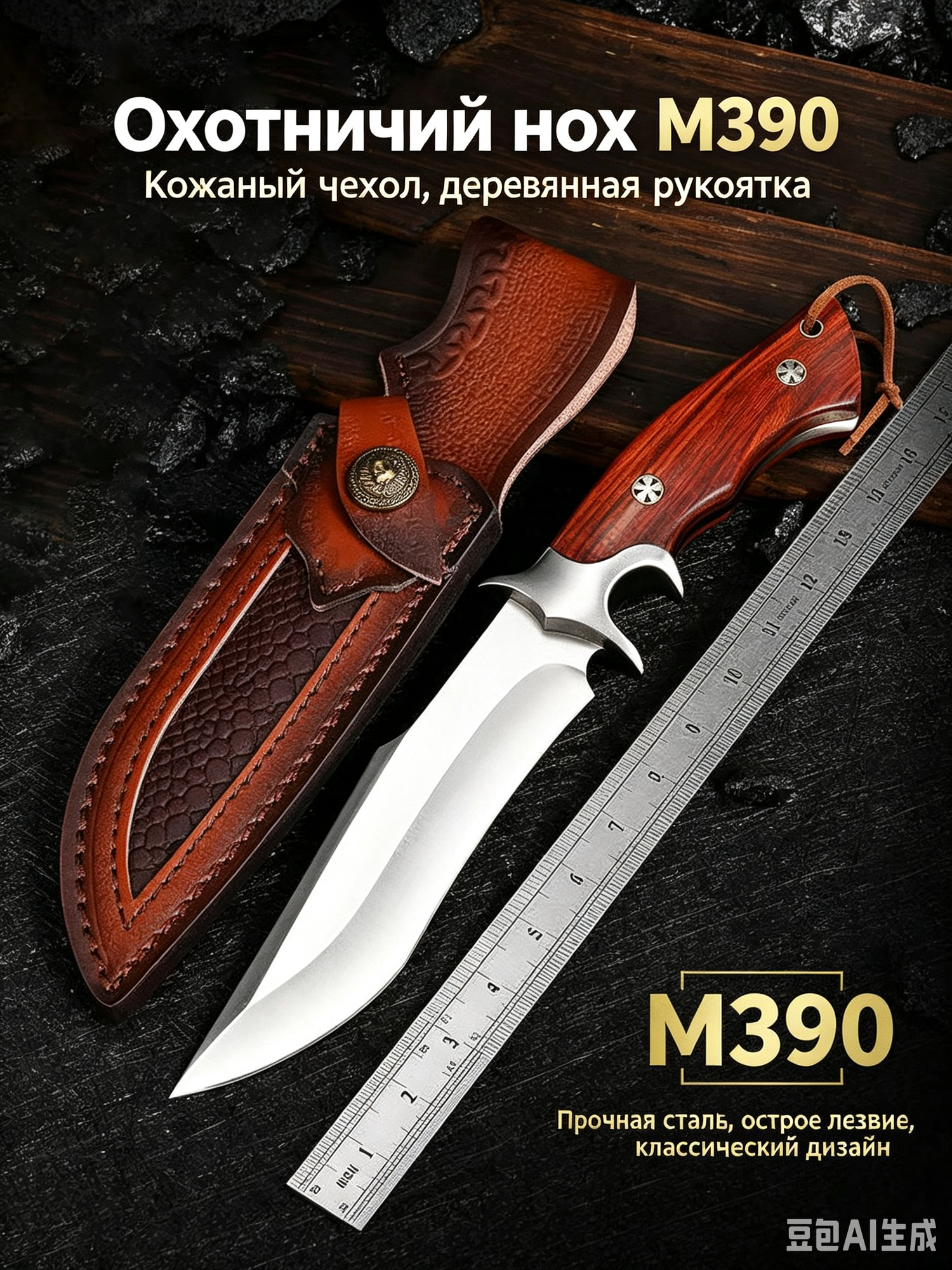 Охотничий нож Damily M390 с фиксированным полированным клинком, деревянная рукоять, кожаный чехол
