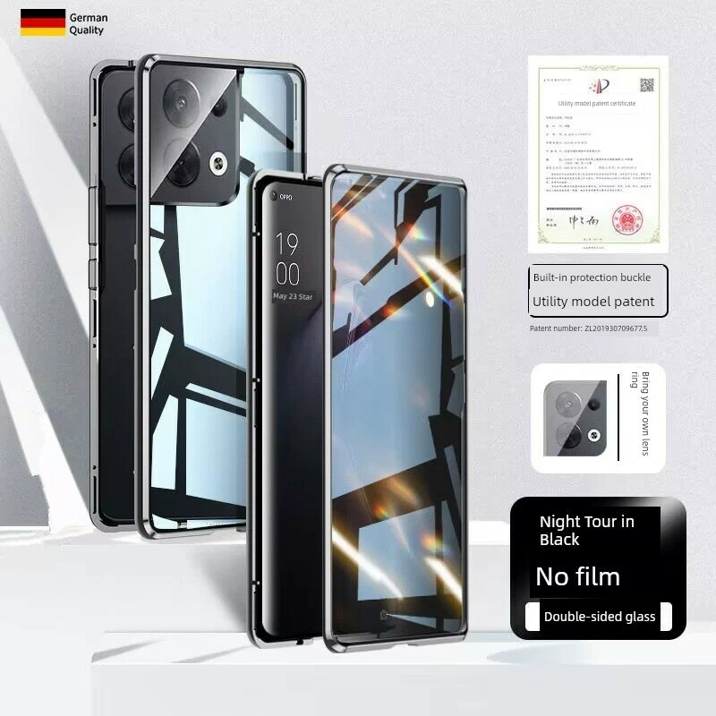 OPPO Reno8 Анти-просмотр прозрачный стеклянный чехол с полным покрытием объектива и магнитным креплением - Черный
