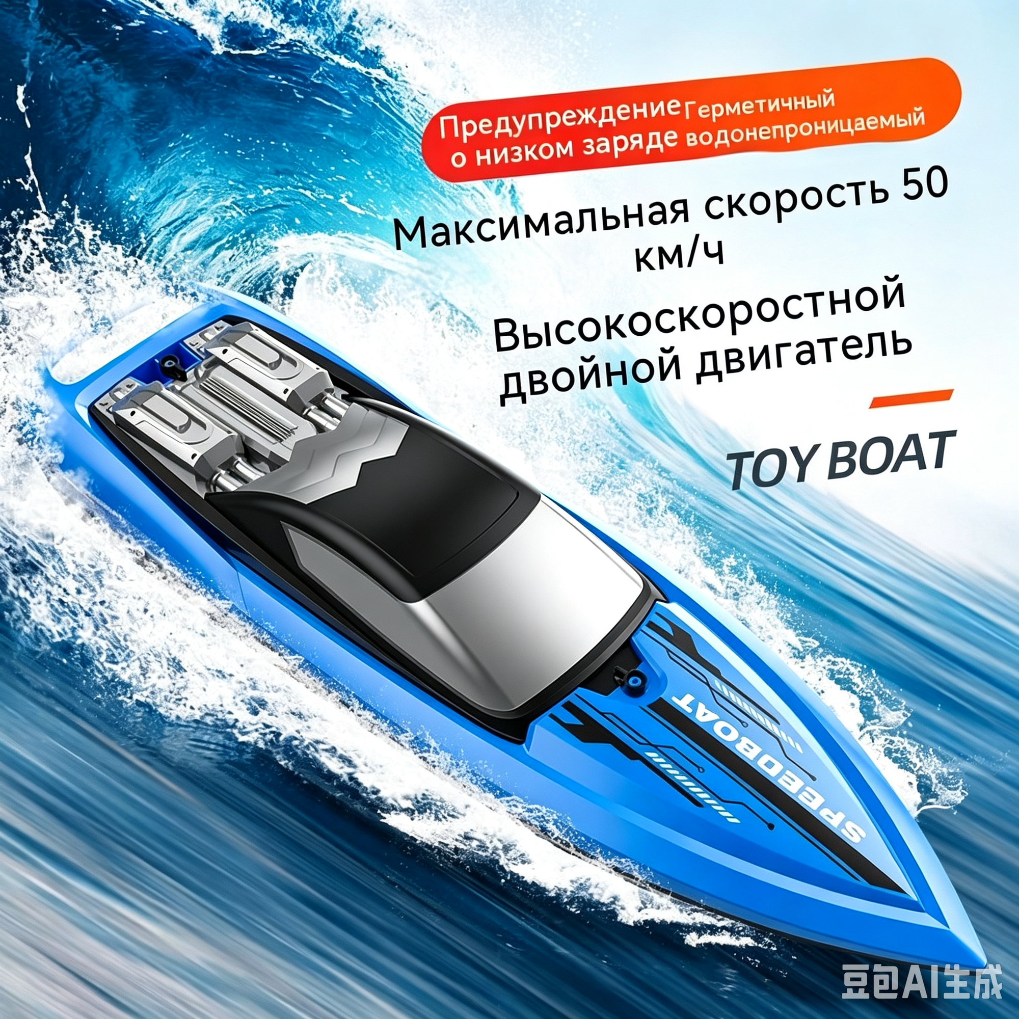 Лодка на радиоуправлении / катер радиоуправляемый + 2 аккумулятора, синяя 50 км/ч