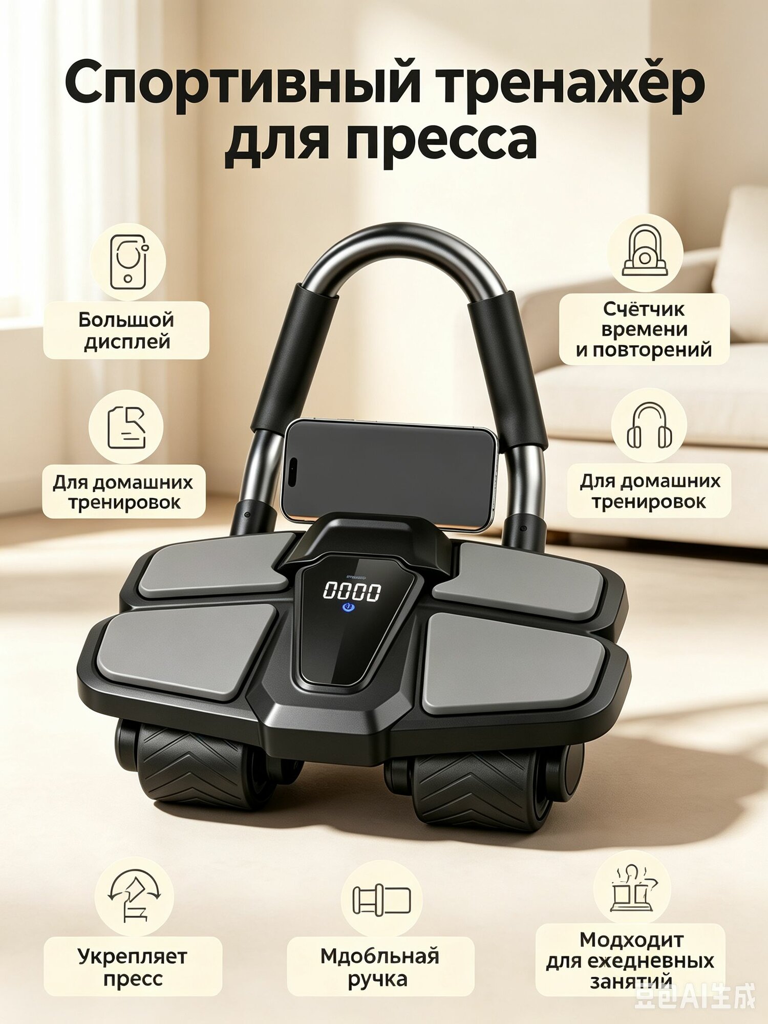 Многофункциональный ролик для пресса с цифровым дисплеем и держателем для смартфона, мягкий коврик в наборе для домашних тренировок