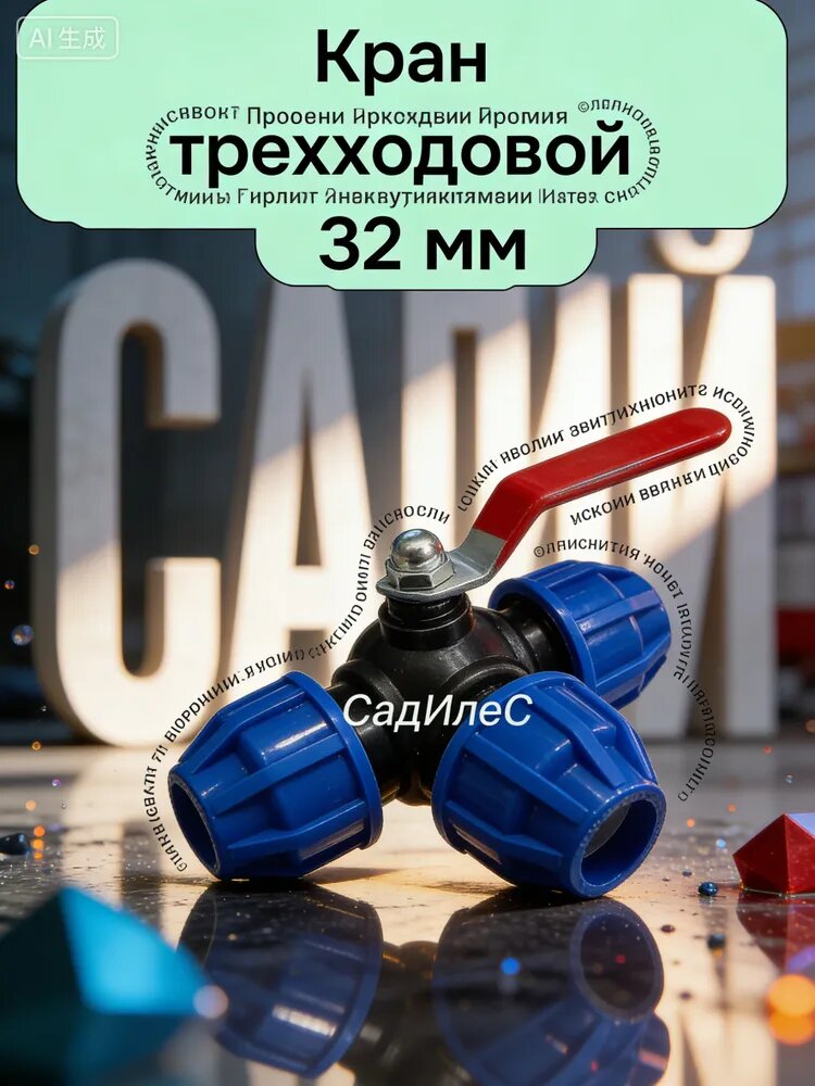 Трехходовой шаровой кран ПНД 32 мм. Разветвитель потока воды с металлической ручкой, морозостойкий вентиль для дачи.