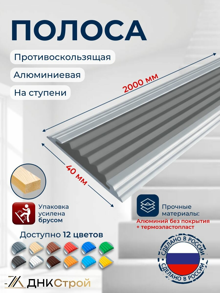 Полоса противоскользящая алюминиевая накладка на ступени Стандарт 40мм, 2м, серый