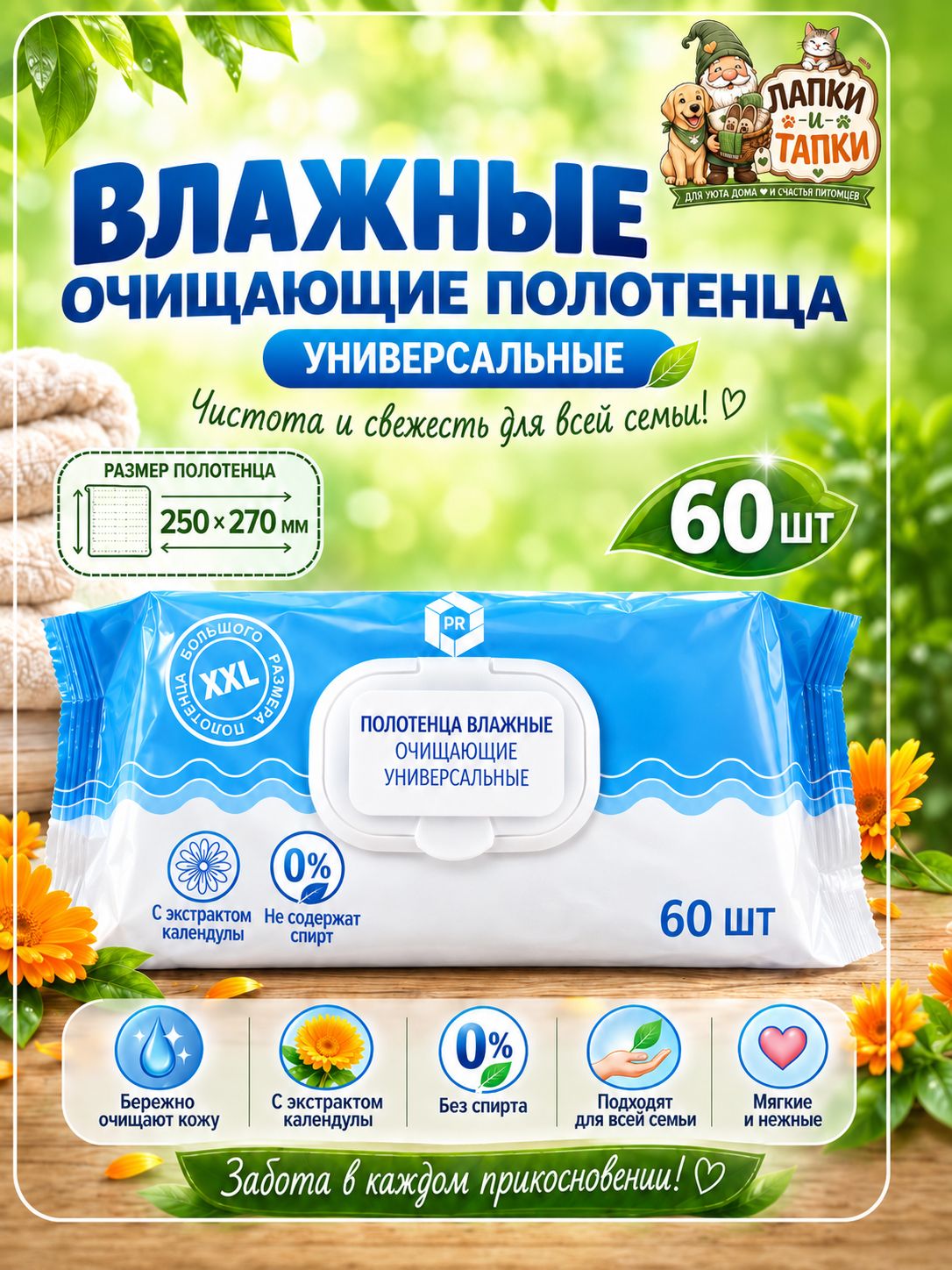 Полотенца влажные универсальные с экстрактом календулы XXL 60шт (250*270мм,+-10мм)