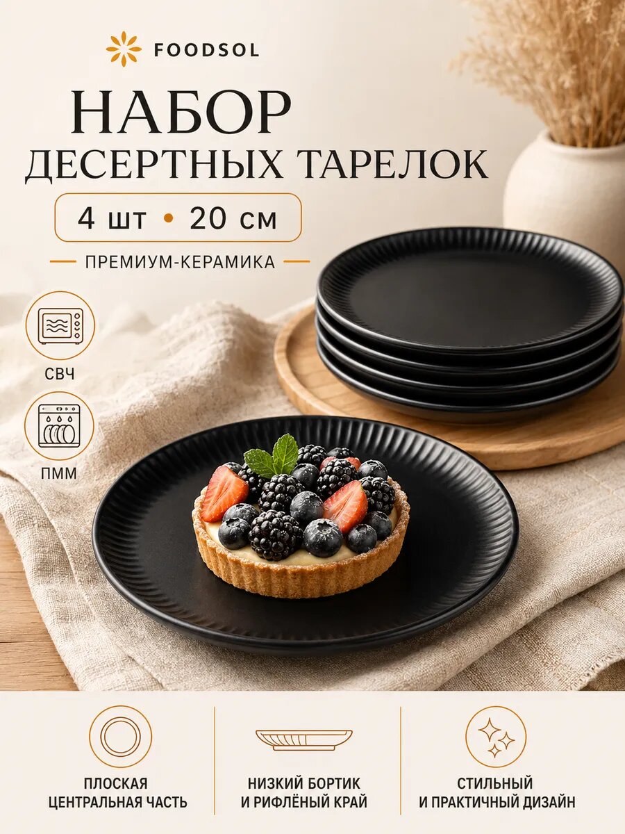 Тарелки керамические 20 см набор 4 штуки ребристый край