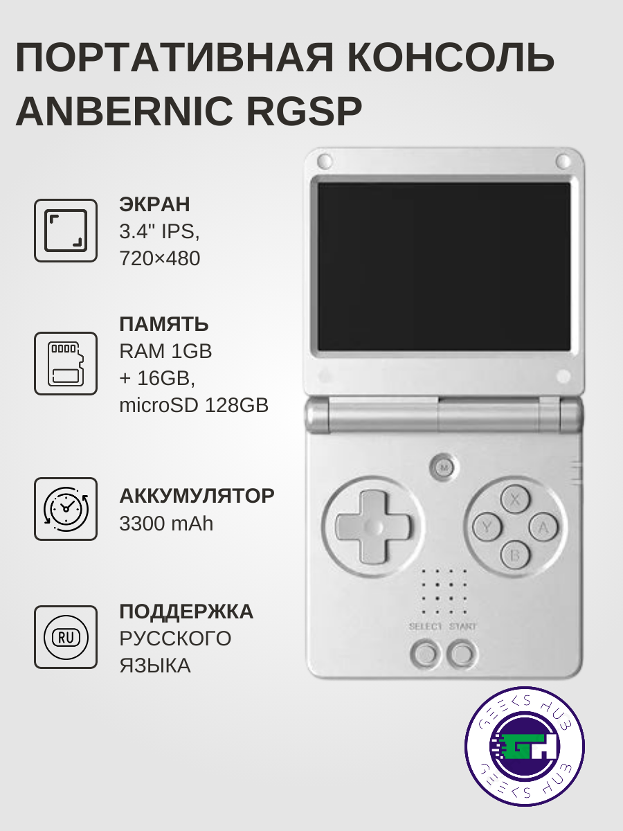Портативная игровая приставка ANBERNIC RGSP, RAM 1 Гб + 16 Гб, microSD 128 Гб, серебристый